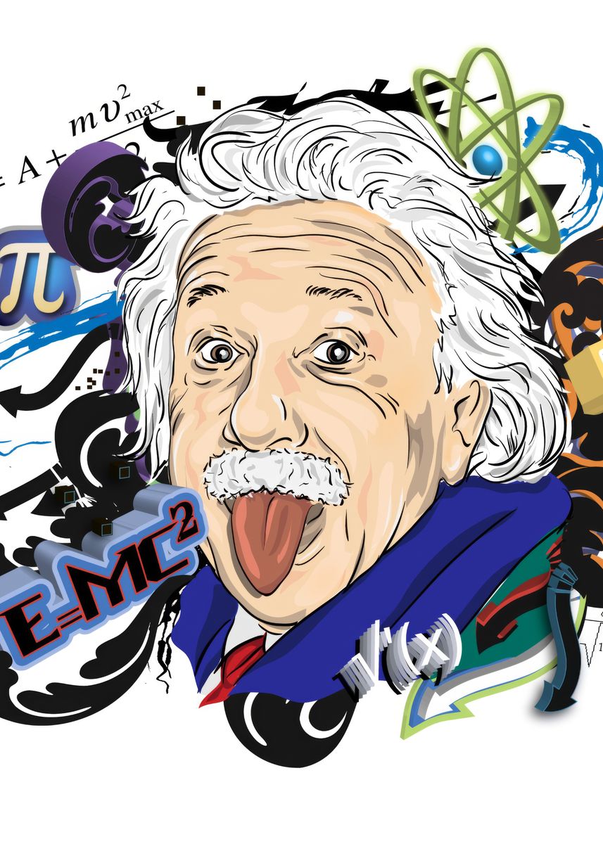 'Einstein Cartoon with Science Symbols' Poster, picture, metal print, paint by Styko Arts | Displate