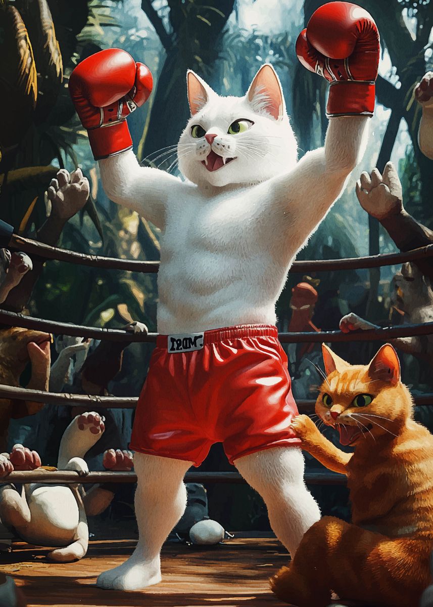 'Cat Boxer Victory' Poster, picture, metal print, paint by Mollie Knapp ...