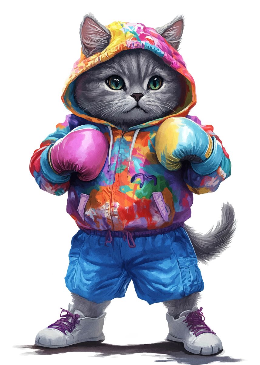 'Boxing Cat in Tie-Dye' Poster, picture, metal print, paint by Mollie ...