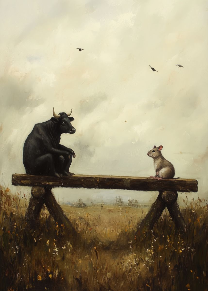 'Bull and Mouse on Bench' Poster, picture, metal print, paint by ...