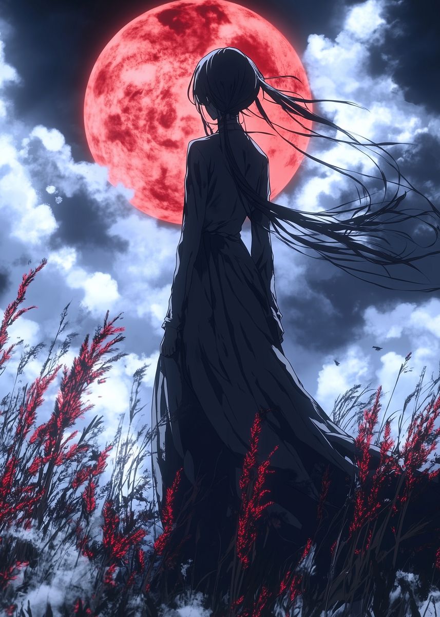 'Anime Girl Under Blood Moon' Poster, picture, metal print, paint by ...