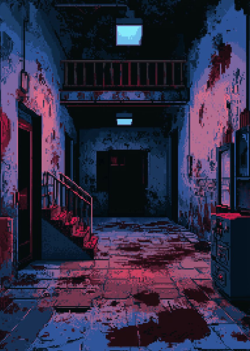 'Pixelated Bloodstained Hallway' Poster, picture, metal print, paint by ...