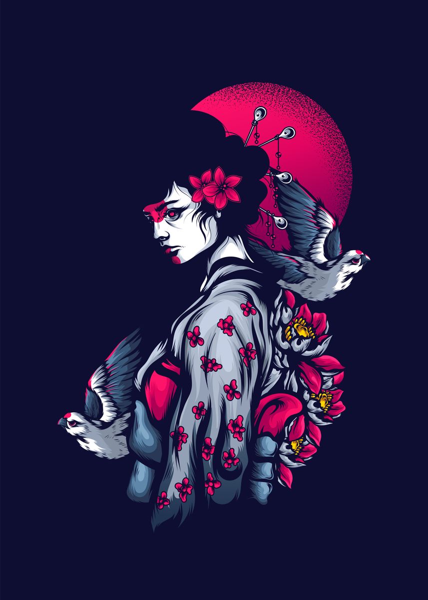 'Geisha with Birds and Flowers' Poster, picture, metal print, paint by ...