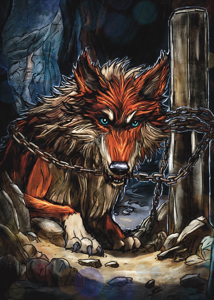 'Chained Wolf Illustration' Poster, picture, metal print, paint by Charles Michael | Displate