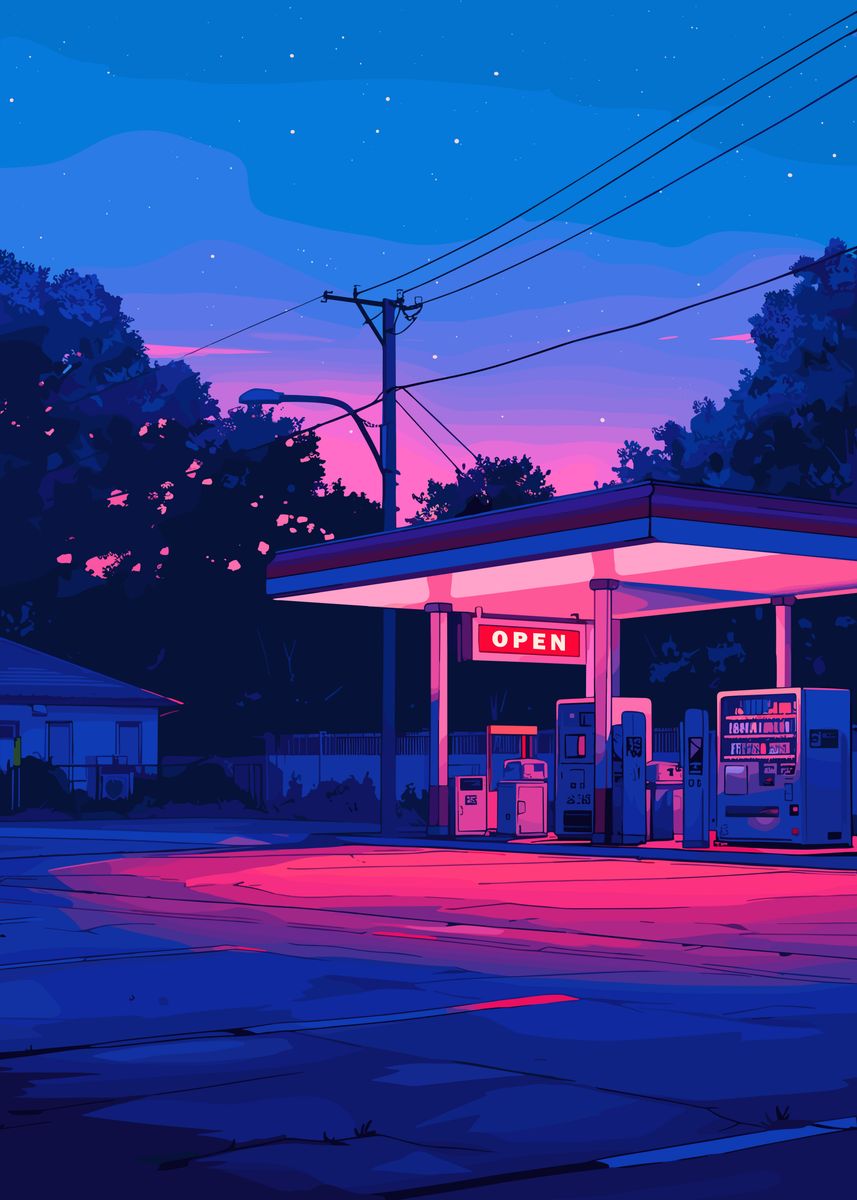 'Nighttime Gas Station' Poster, picture, metal print, paint by Ray ...
