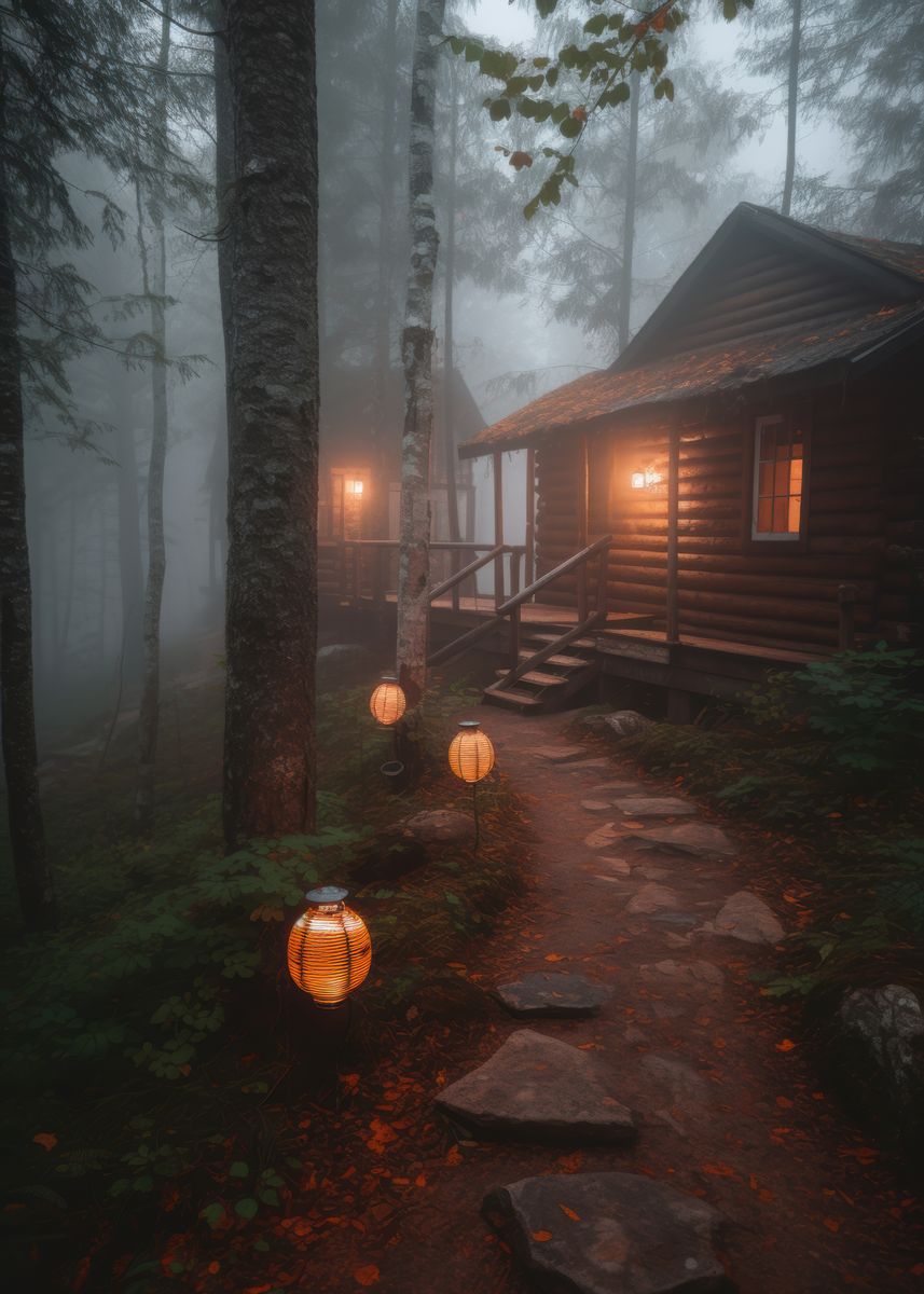 'Foggy Cabin Path' Poster, picture, metal print, paint by | Displate