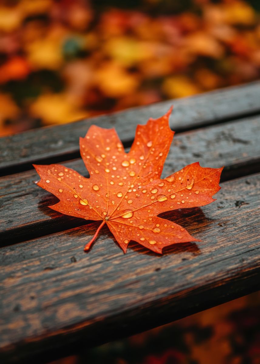 'Autumn Leaf with Dew Drops' Poster, picture, metal print, paint by ...