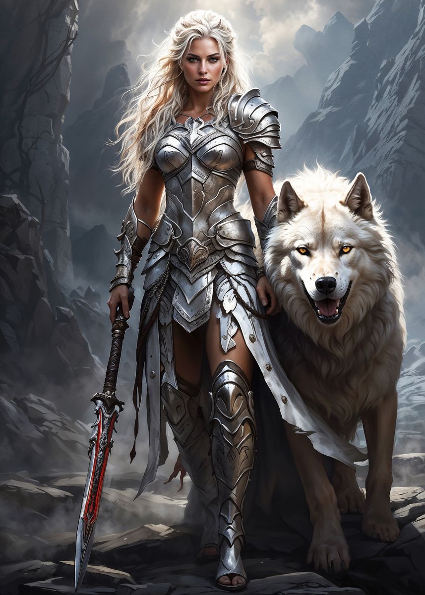 'Warrior Woman and Wolf' Poster, picture, metal print, paint by Xiao ...