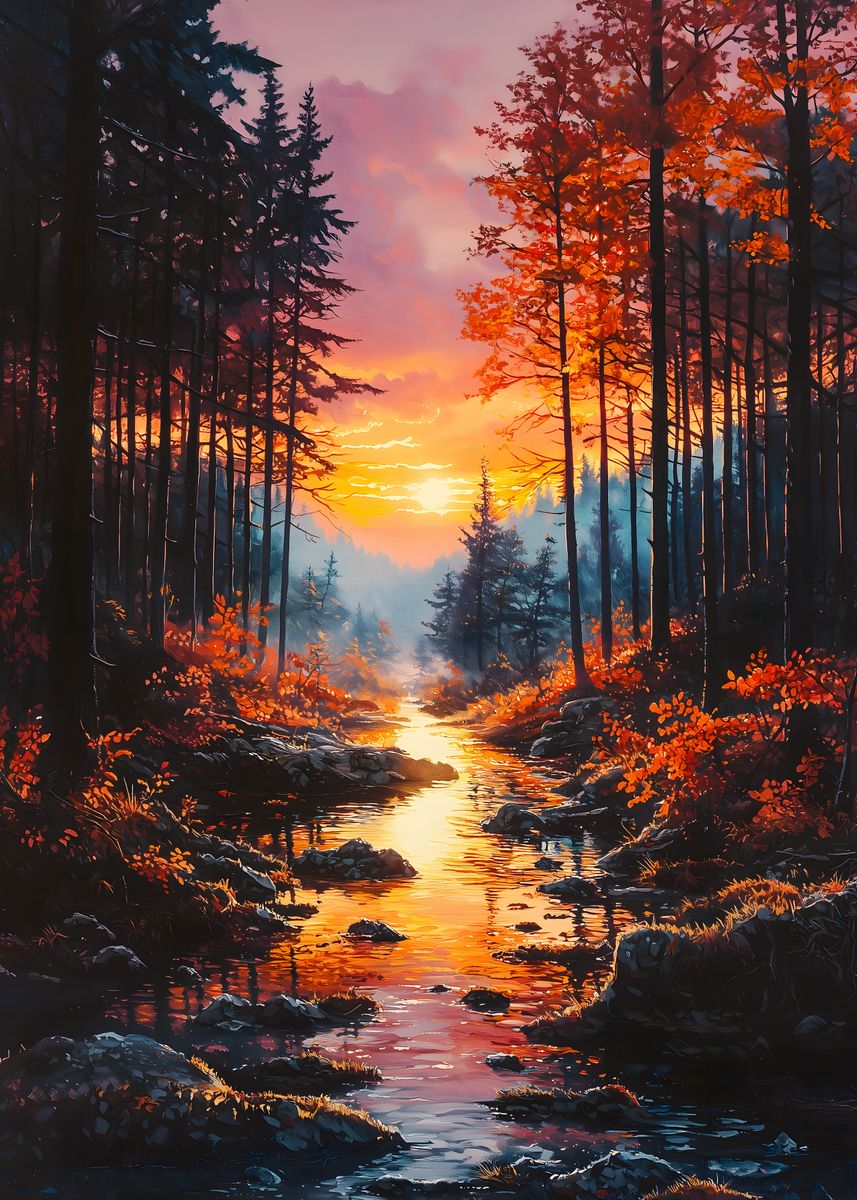 'autumn Forest Sunset Painting landscape' Poster, picture, metal print ...