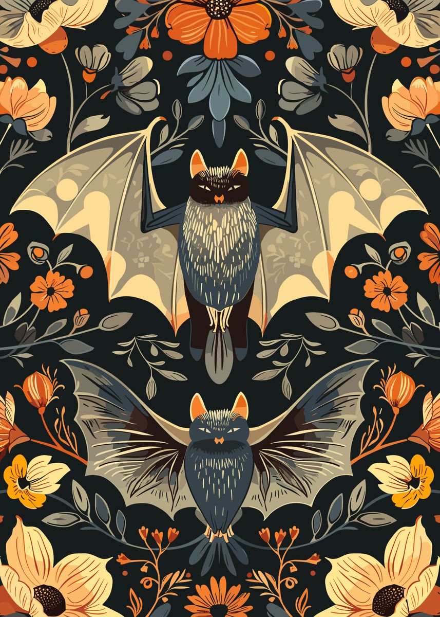 'Floral Bats Pattern' Poster, picture, metal print, paint by Kai Tanaka ...