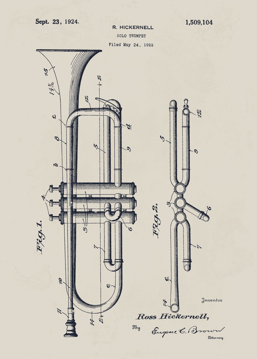 'Trumpet Patent Drawing' Poster, picture, metal print, paint by ...