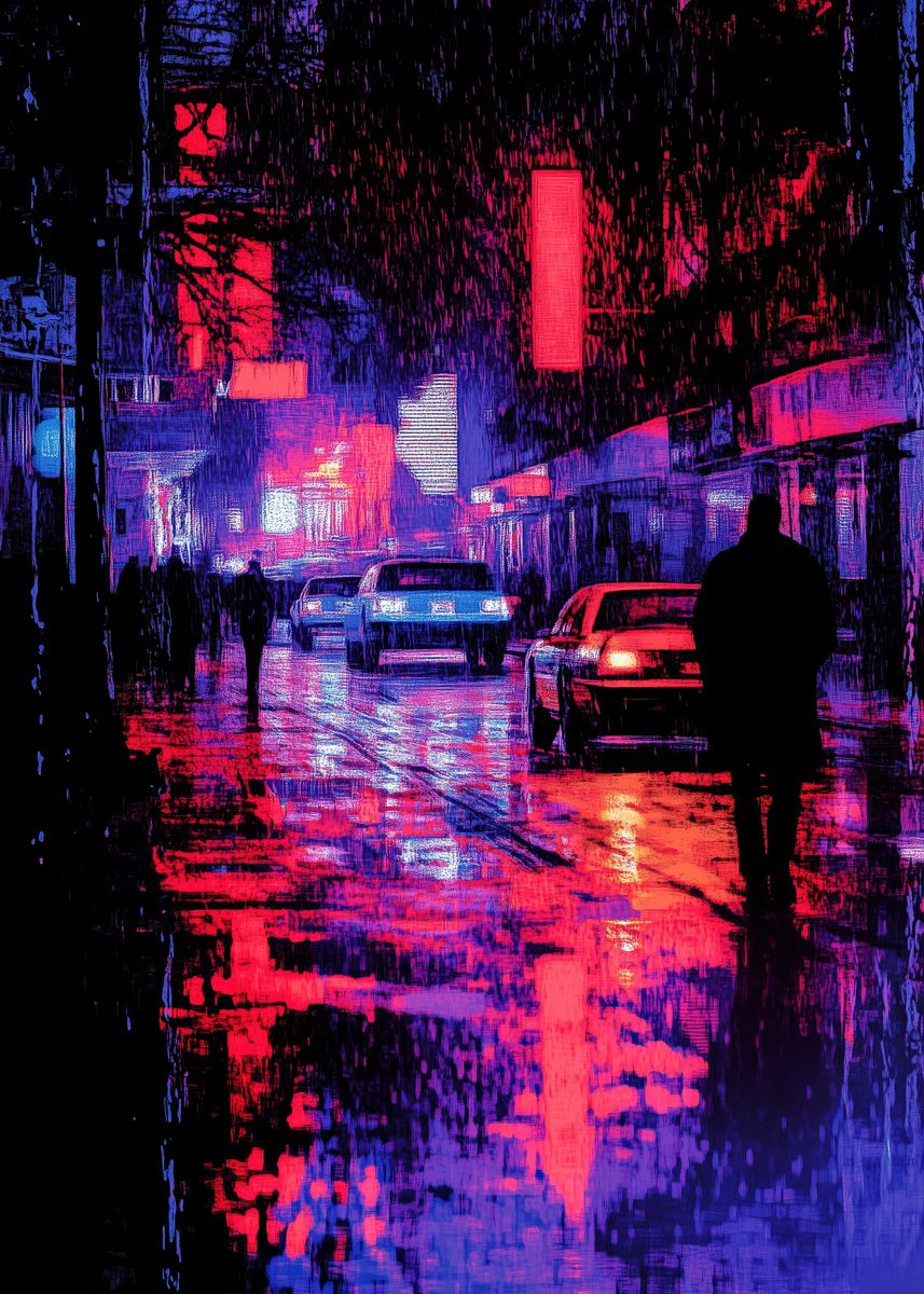 'Neon City Rain' Poster, picture, metal print, paint by CINEMO | Displate