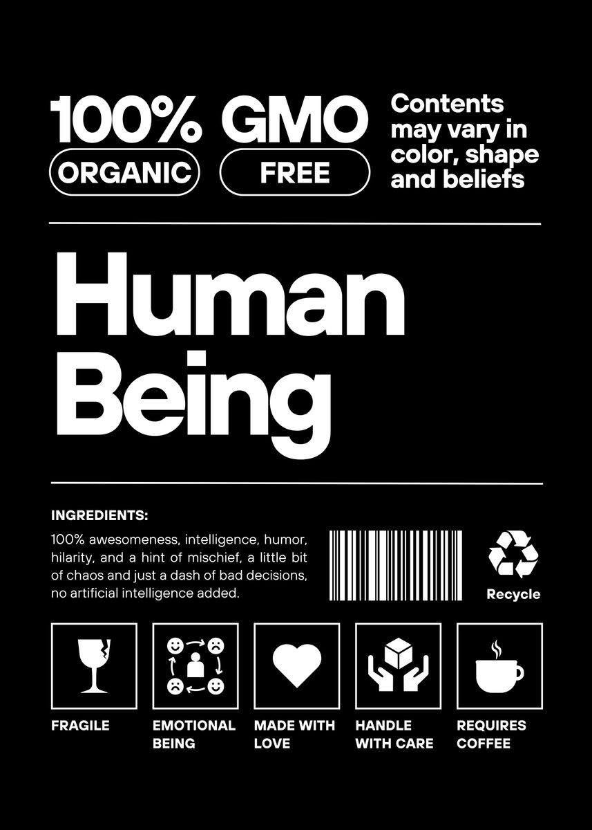 'Funny Human Being Product Label' Poster, picture, metal print, paint ...