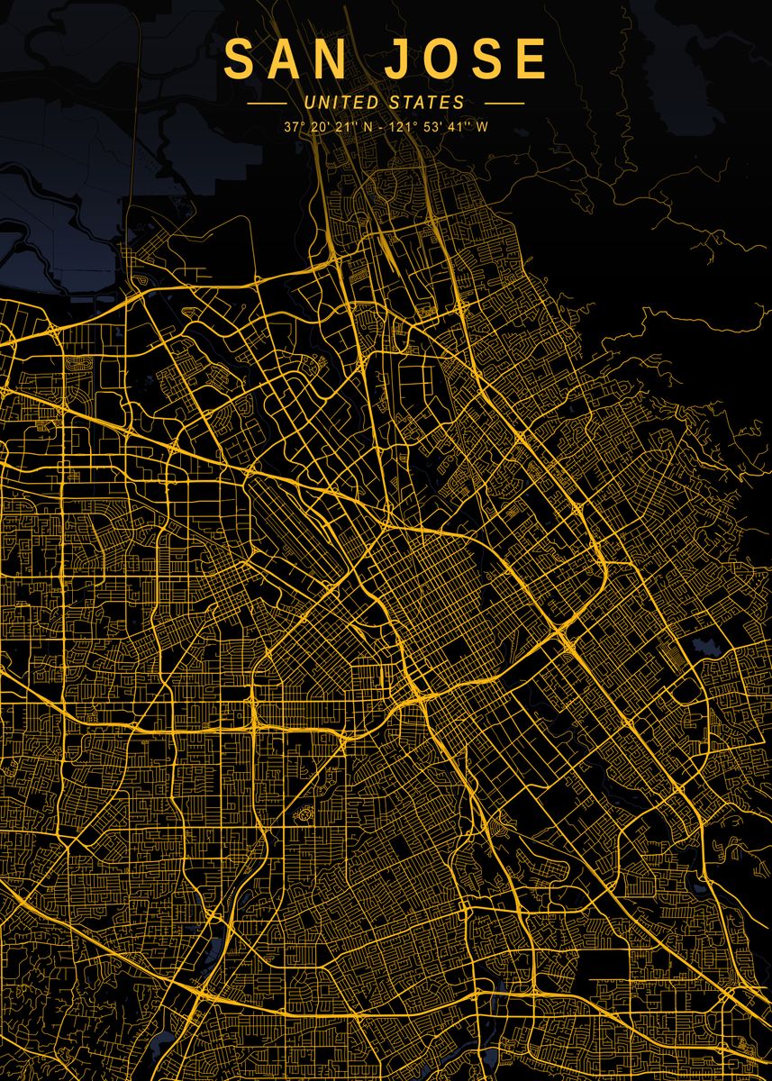 'San Jose Golden City Map' Poster, picture, metal print, paint by ...
