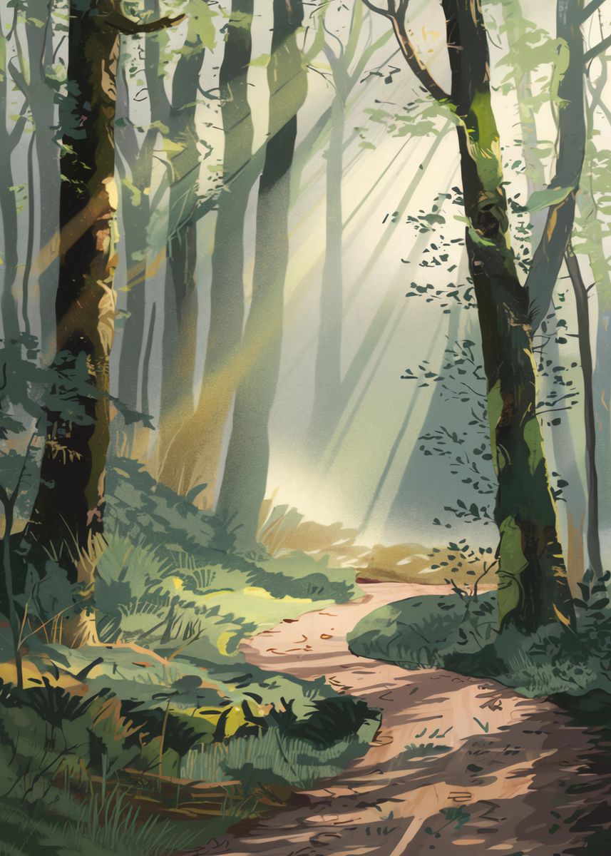 'Sunlit Forest Path' Poster, picture, metal print, paint by ...