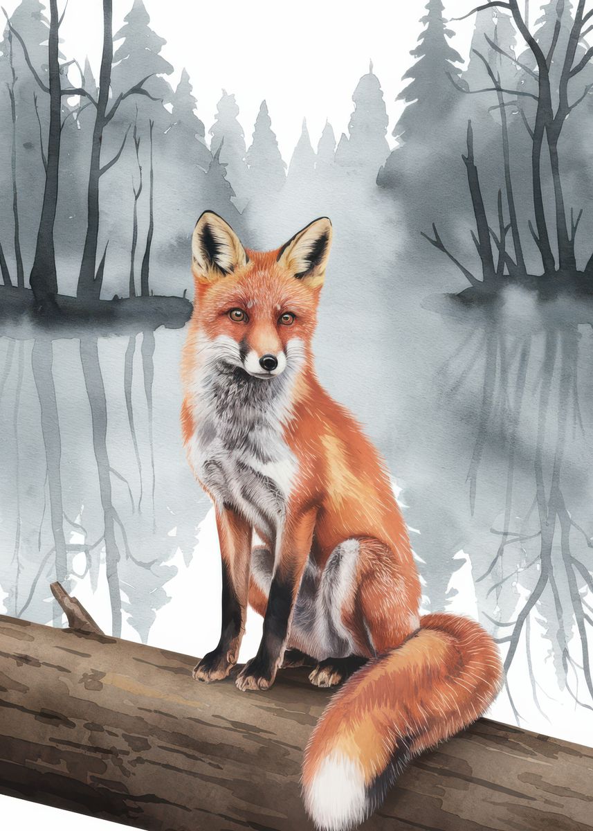 'Fox in Misty Forest' Poster, picture, metal print, paint by ...