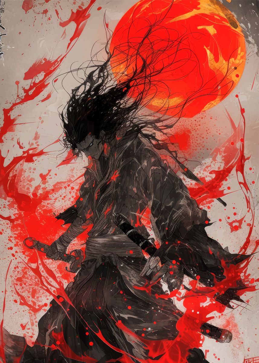 'Samurai with Red Moon' Poster, picture, metal print, paint by | Displate