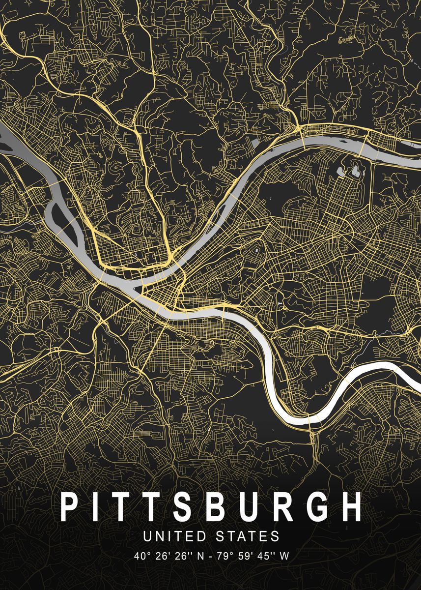 'Pittsburgh Silver City Map' Poster, picture, metal print, paint by ...