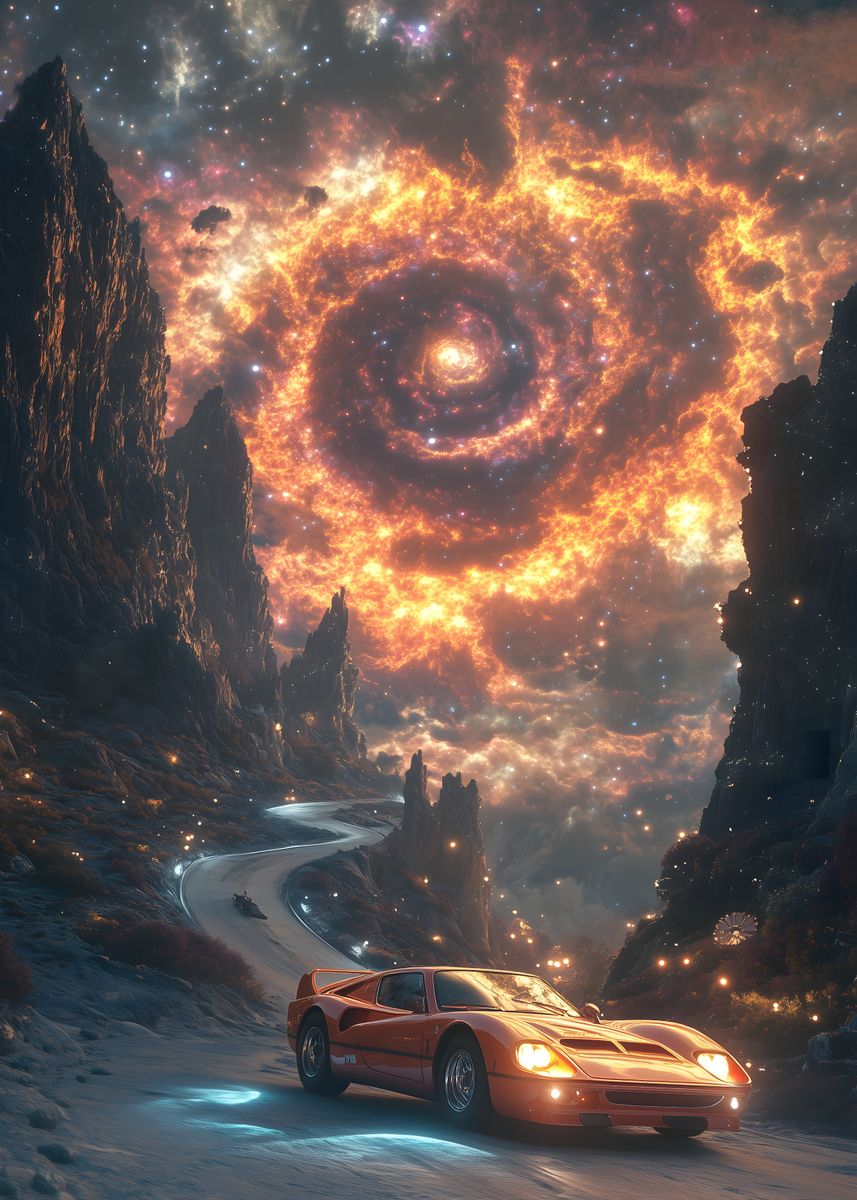 'Cosmic Landscape and Retro Car' Poster, picture, metal print, paint by ...