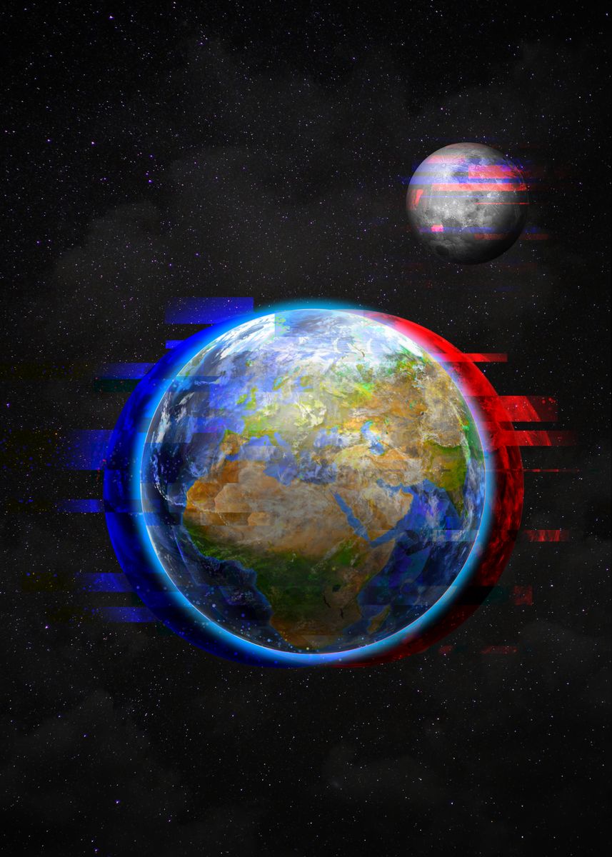 'Earth and Moon Glitch Art' Poster, picture, metal print, paint by Kiyo ...