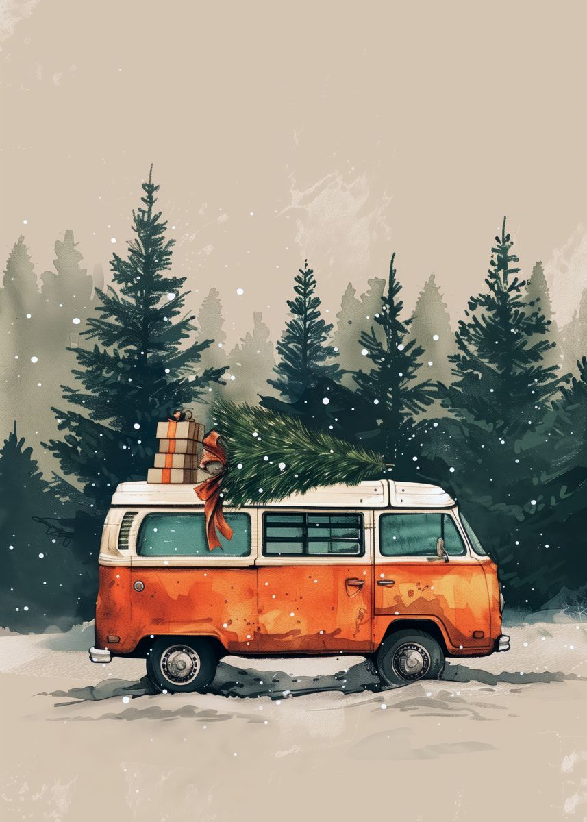 'Christmas Van in the Woods' Poster, picture, metal print, paint by ...