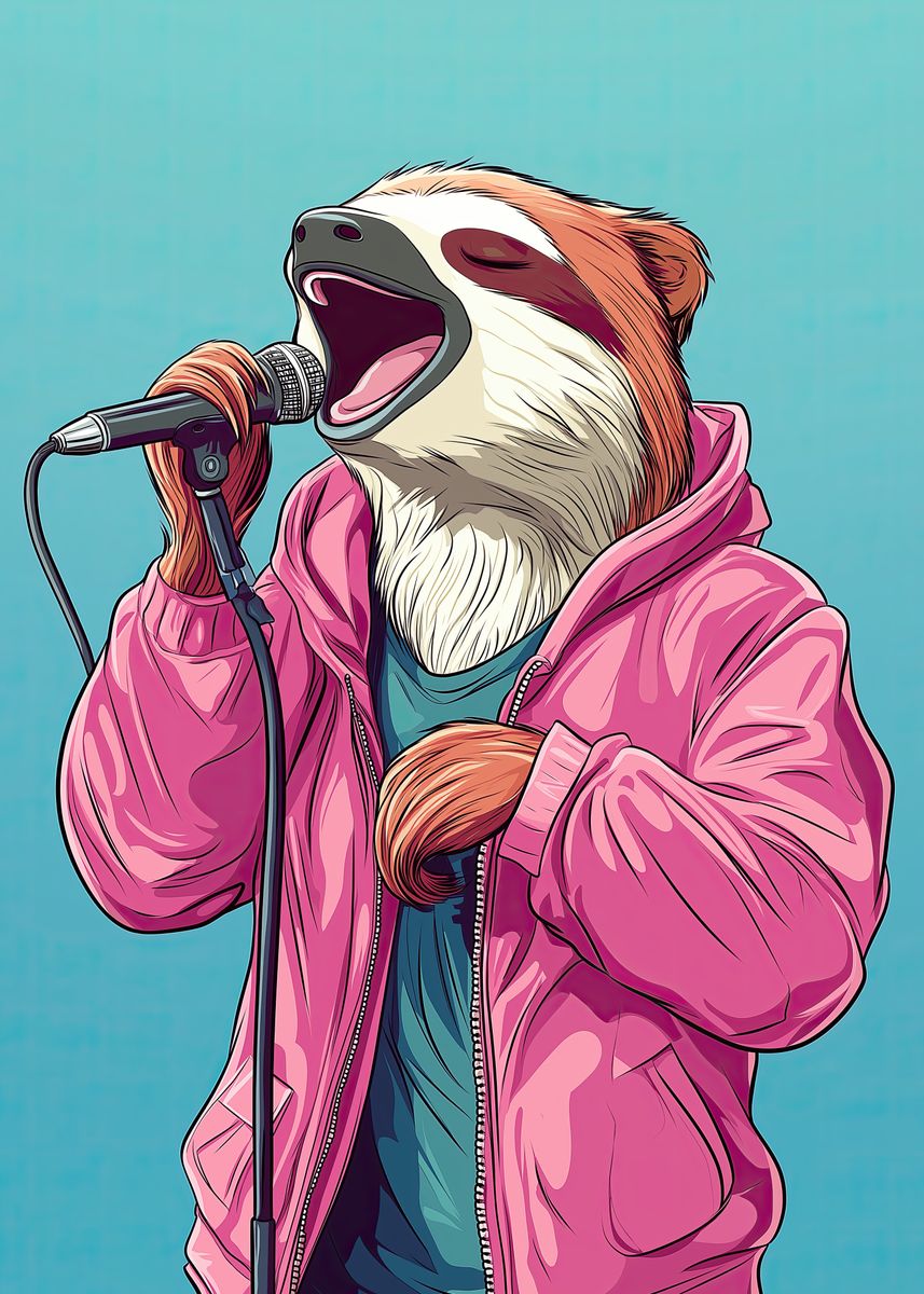 'Singing Sloth in Pink Jacket' Poster, picture, metal print, paint by ...