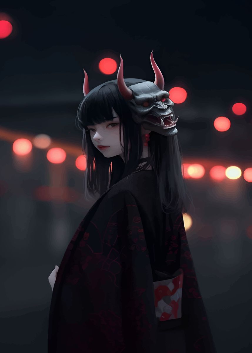 'Anime Girl with Oni Mask' Poster, picture, metal print, paint by ...