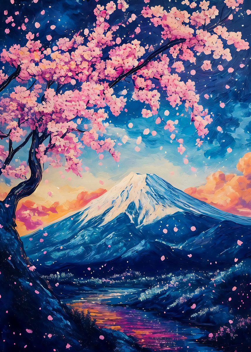 'Mount Fuji Sakura Bloom' Poster, picture, metal print, paint by Haruka ...