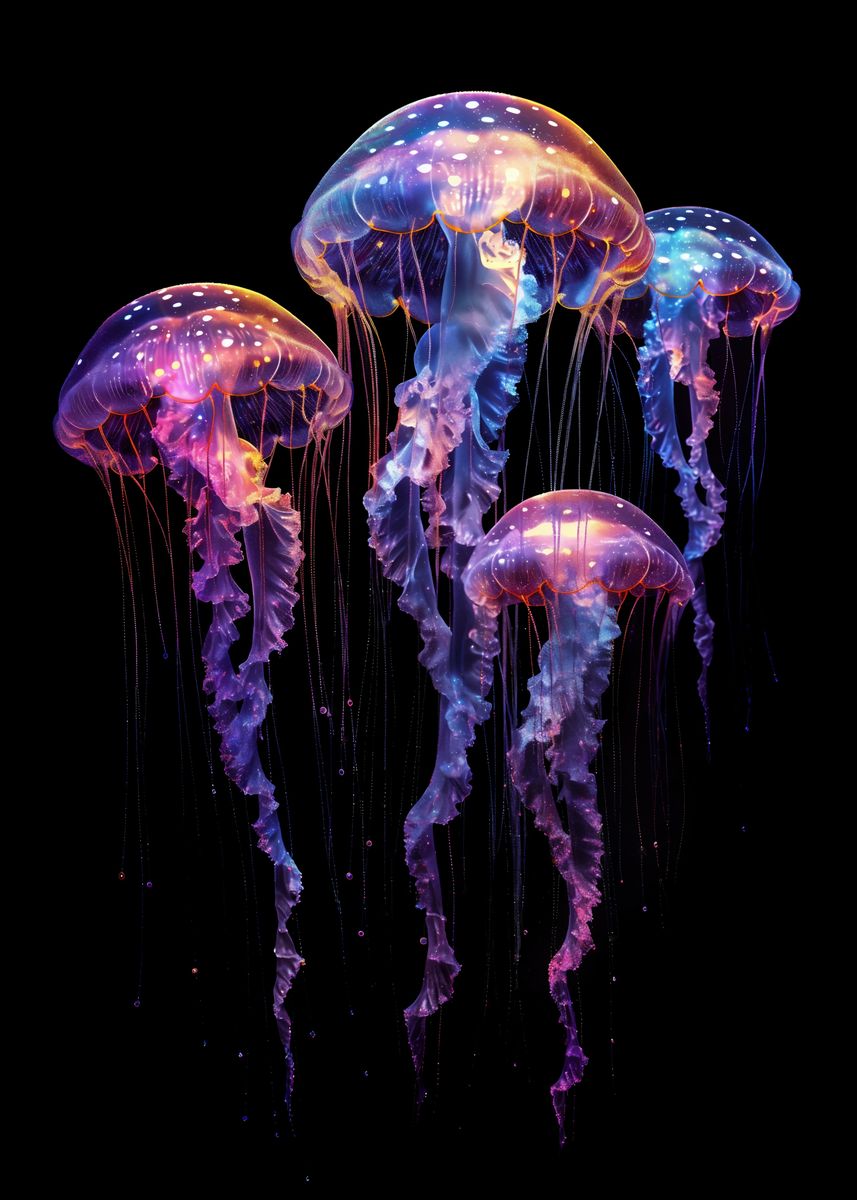 'Four Jellyfish' Poster, picture, metal print, paint by Mark Vincent Verallo | Displate
