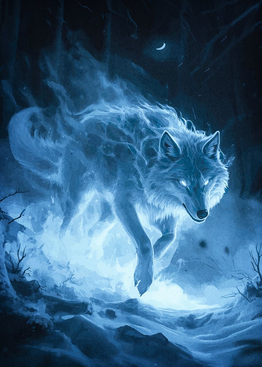 'Spectral Wolf in the Night' Poster, picture, metal print, paint by ...