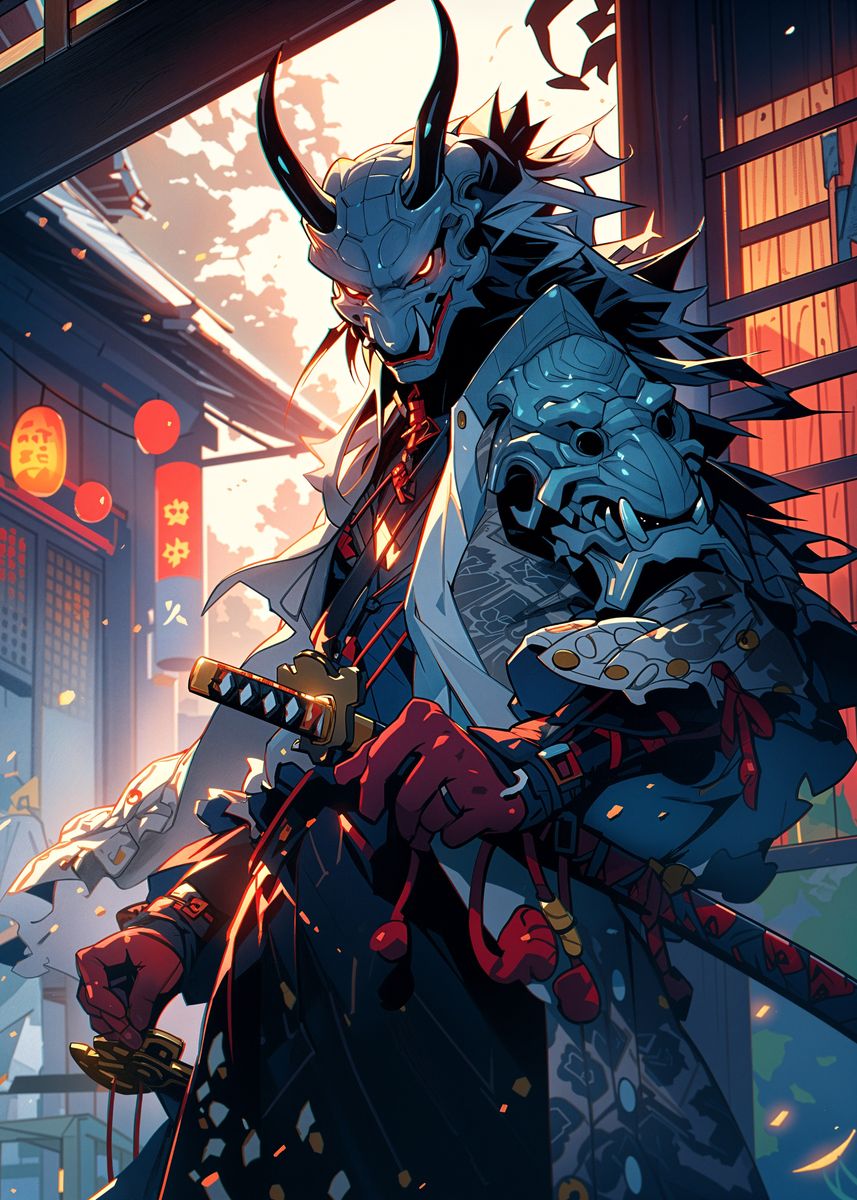 'Samurai with Oni Mask' Poster, picture, metal print, paint by ...