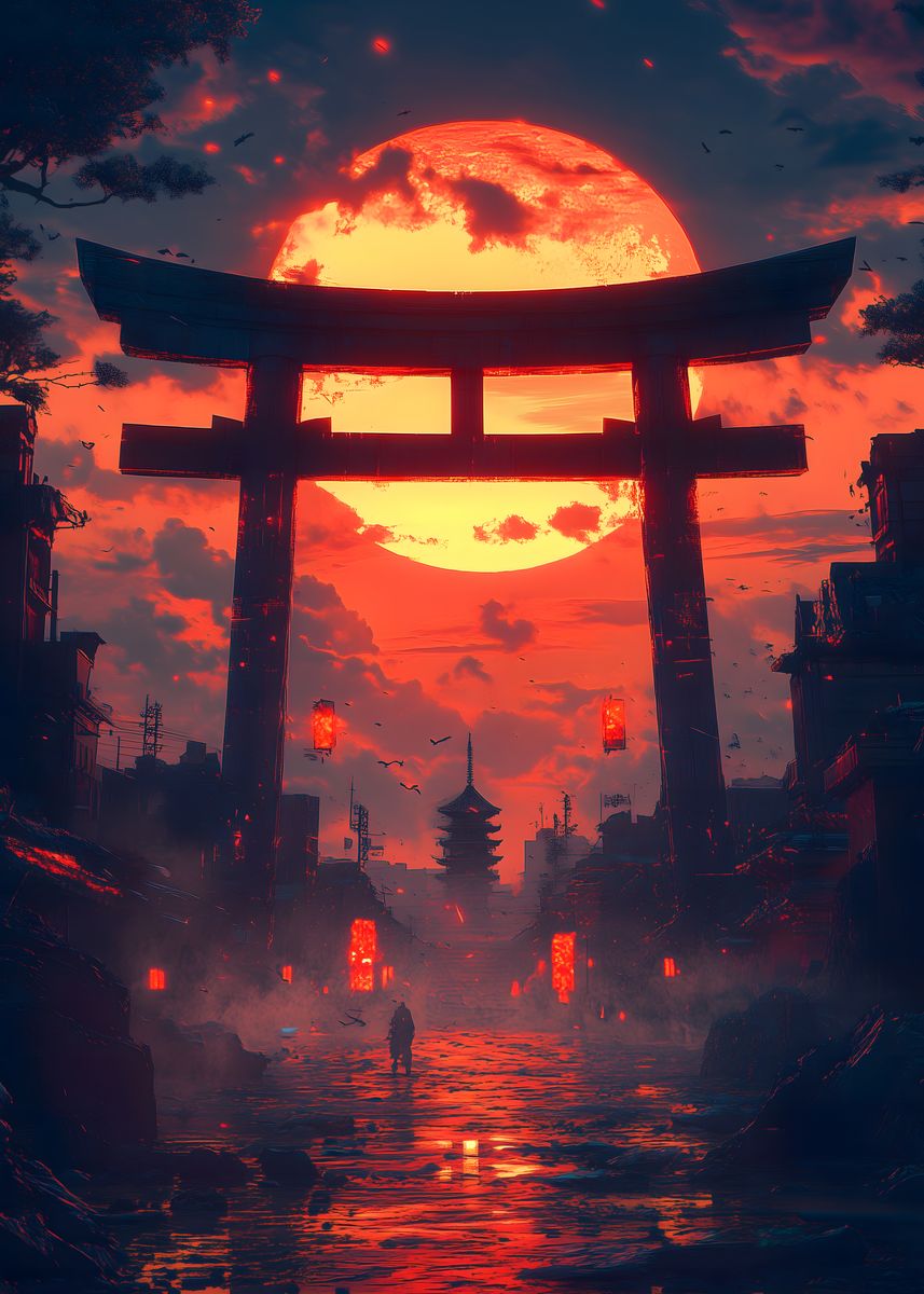 'Japanese Sunset Gate' Poster, picture, metal print, paint by Aous | Displate