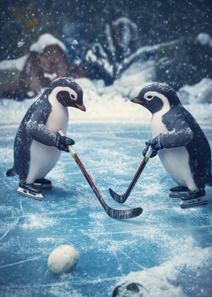 'Penguin Playing Hockey' Poster, picture, metal print, paint by ...