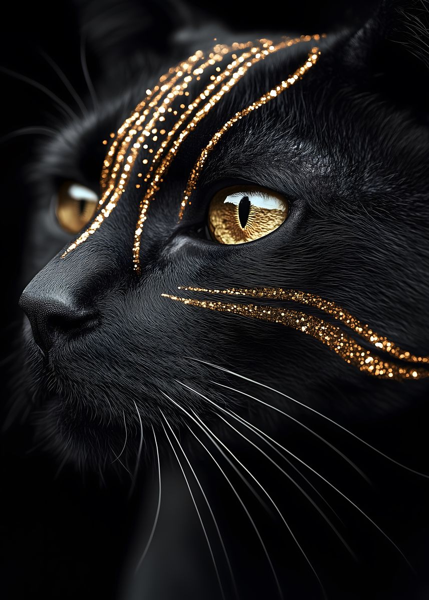 'Black Cat with Gold Glitter' Poster, picture, metal print, paint by ...