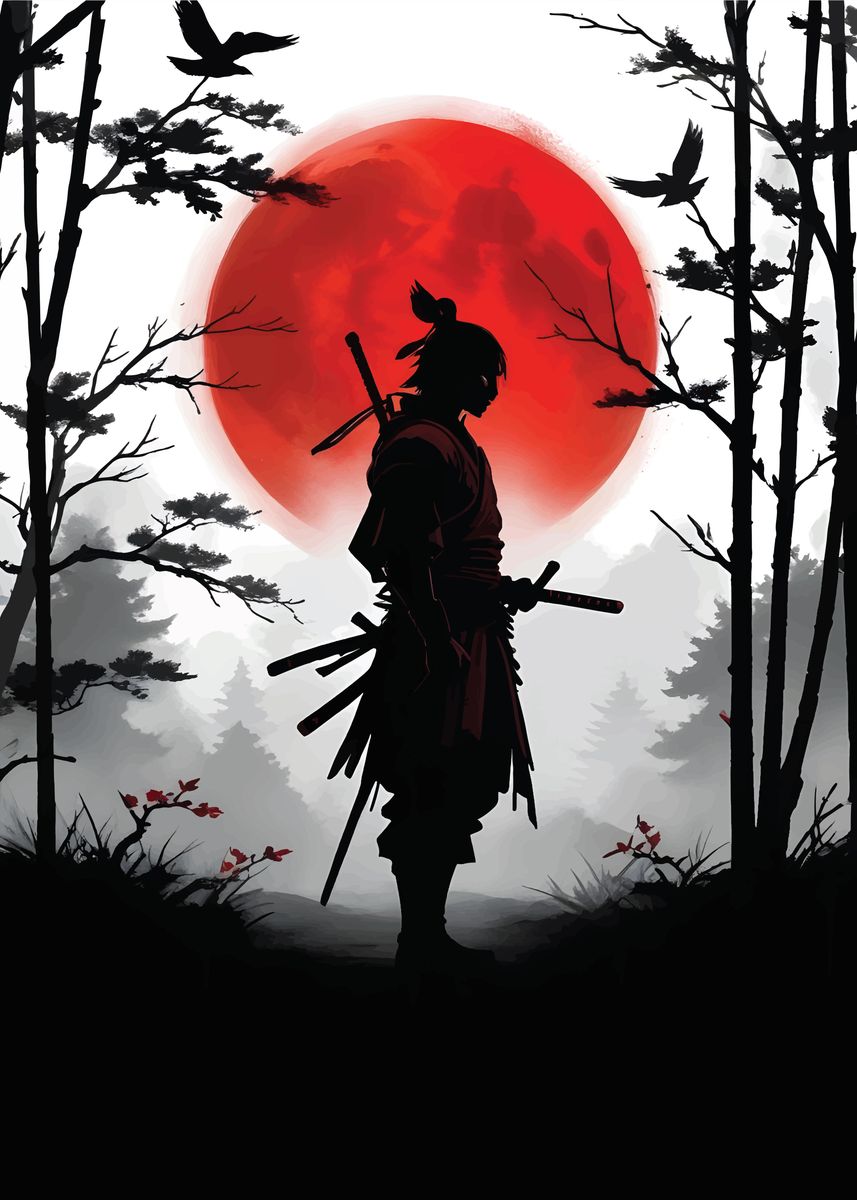 'Red Moon Samurai ' Poster, picture, metal print, paint by | Displate