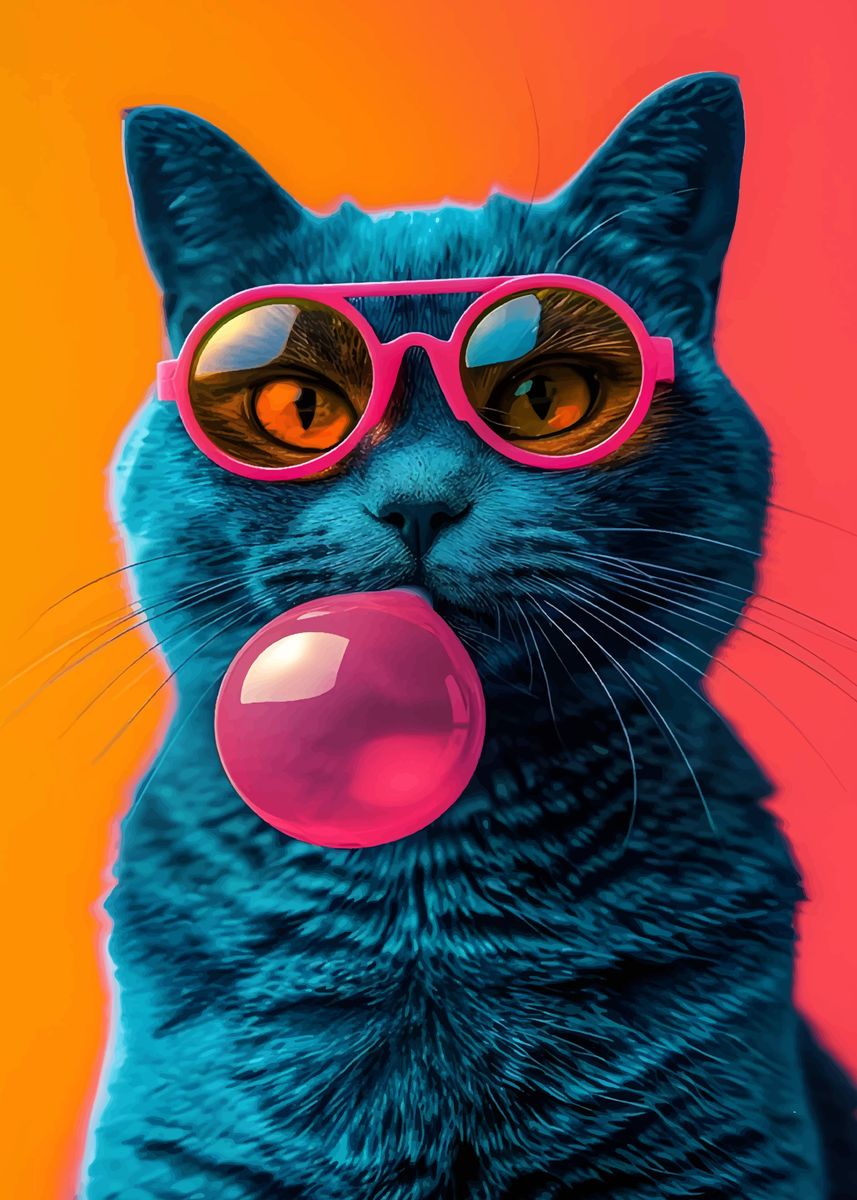 'Cool Cat with Bubble Gum' Poster, picture, metal print, paint by Hafi ...