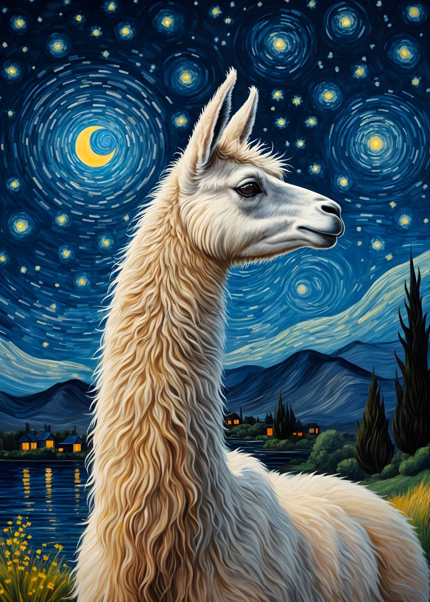 'Llama Starry Night' Poster, picture, metal print, paint by Yushiroe ...