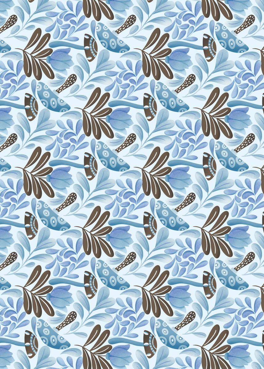 'Folk Blue Floral and Mushroom' Poster, picture, metal print, paint by ...