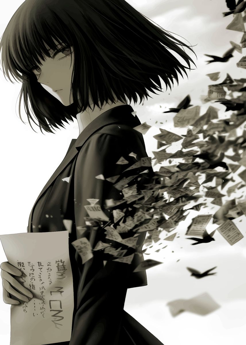 'Anime Girl with Papers' Poster, picture, metal print, paint by | Displate