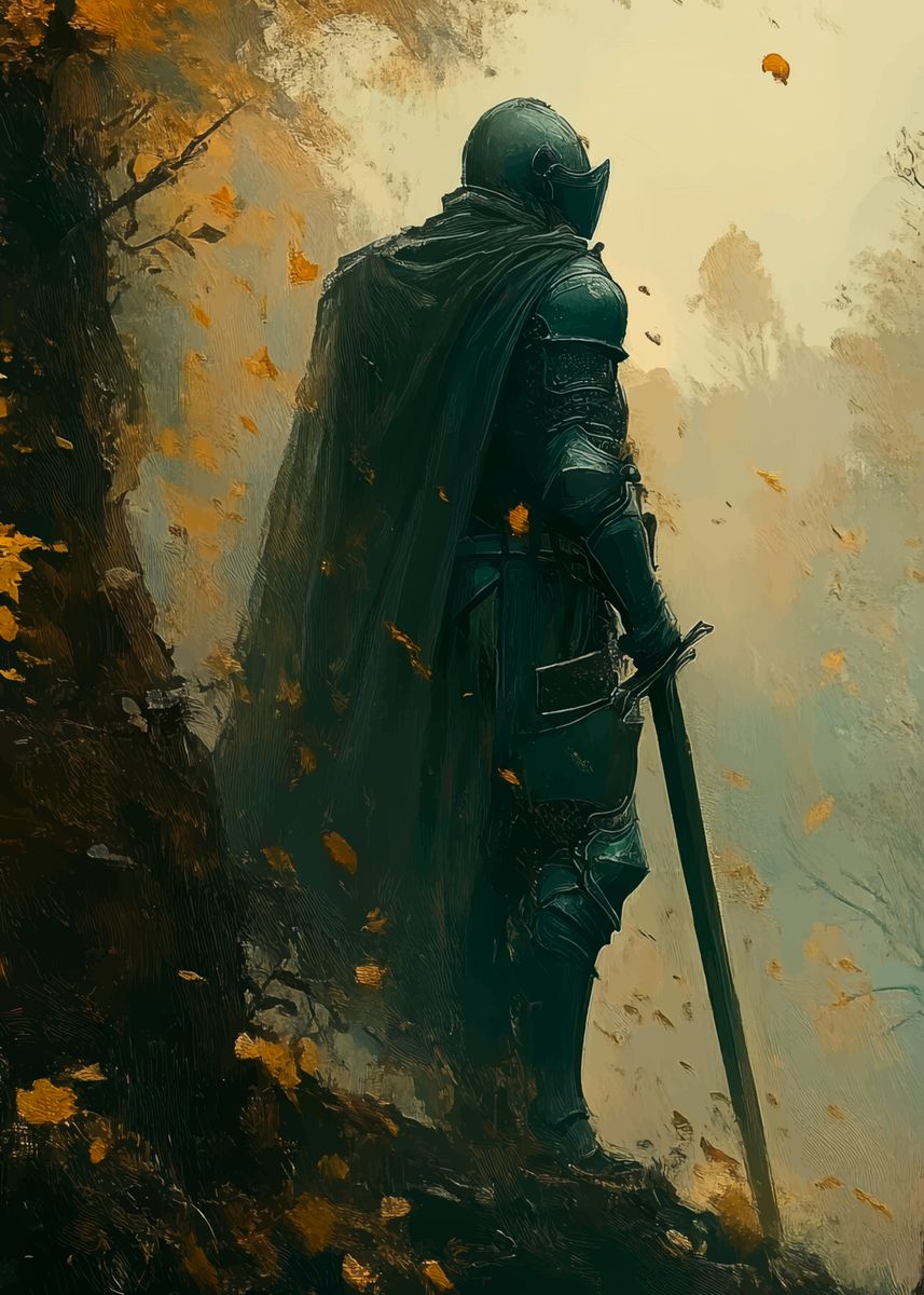 'Knight in Autumn Woods' Poster, picture, metal print, paint by | Displate