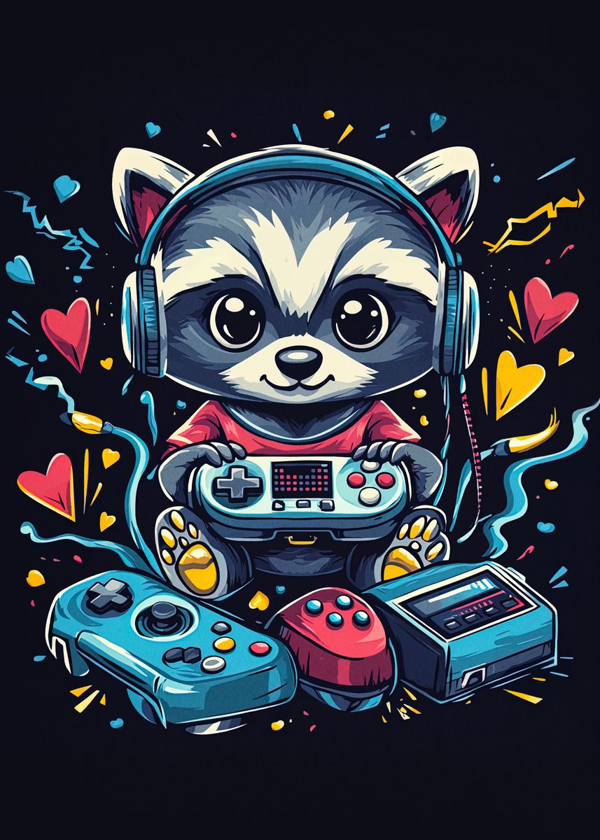 'Gamer Raccoon' Poster, picture, metal print, paint by | Displate
