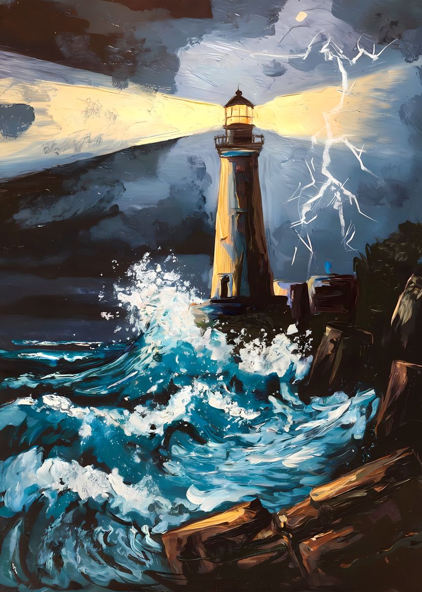 'Rough Oil Painting of a Lighthouse in Storm' Poster, picture, metal ...
