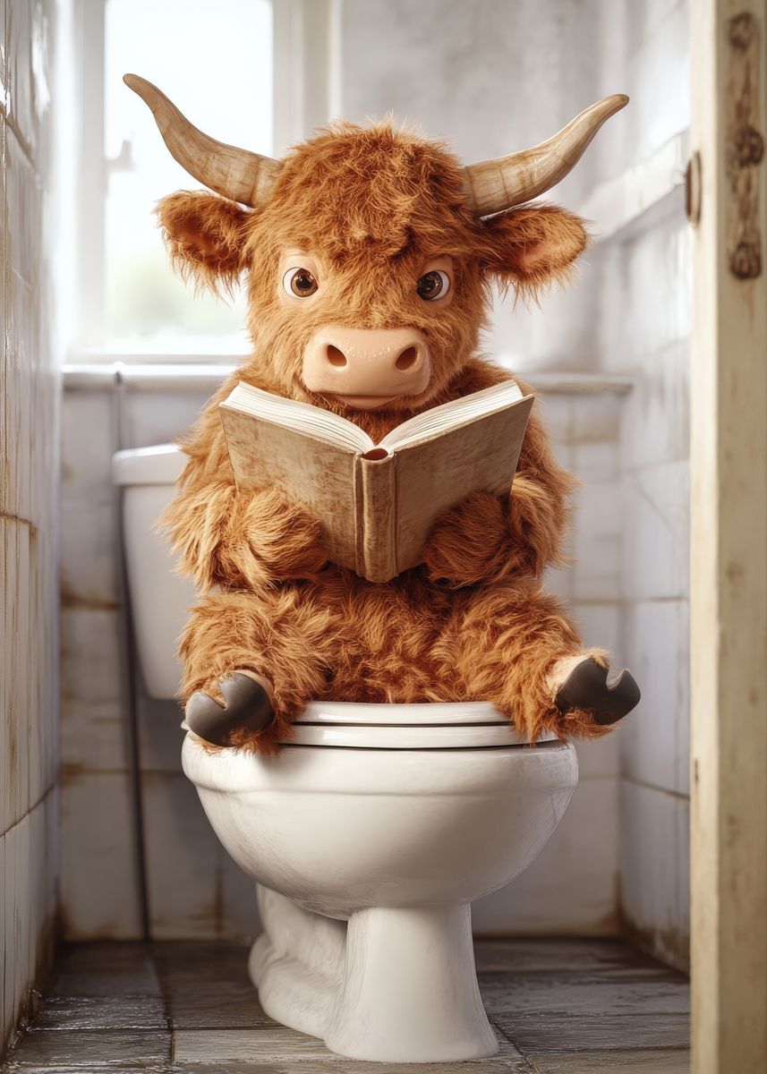 'Highland Cow Reading on Toilet' Poster, picture, metal print, paint by ...