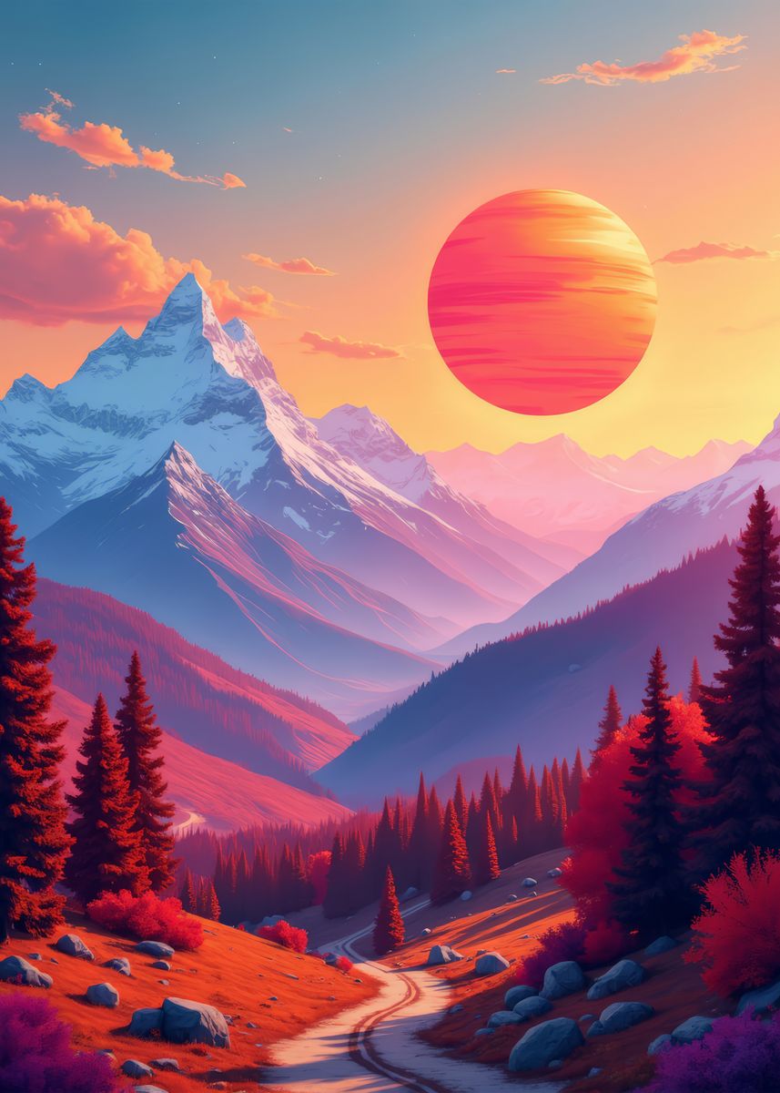 'Sunset Mountain Landscape' Poster, picture, metal print, paint by The ...