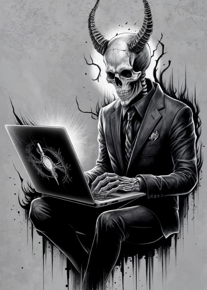 'Demon in Suit Using Laptop' Poster, picture, metal print, paint by ...