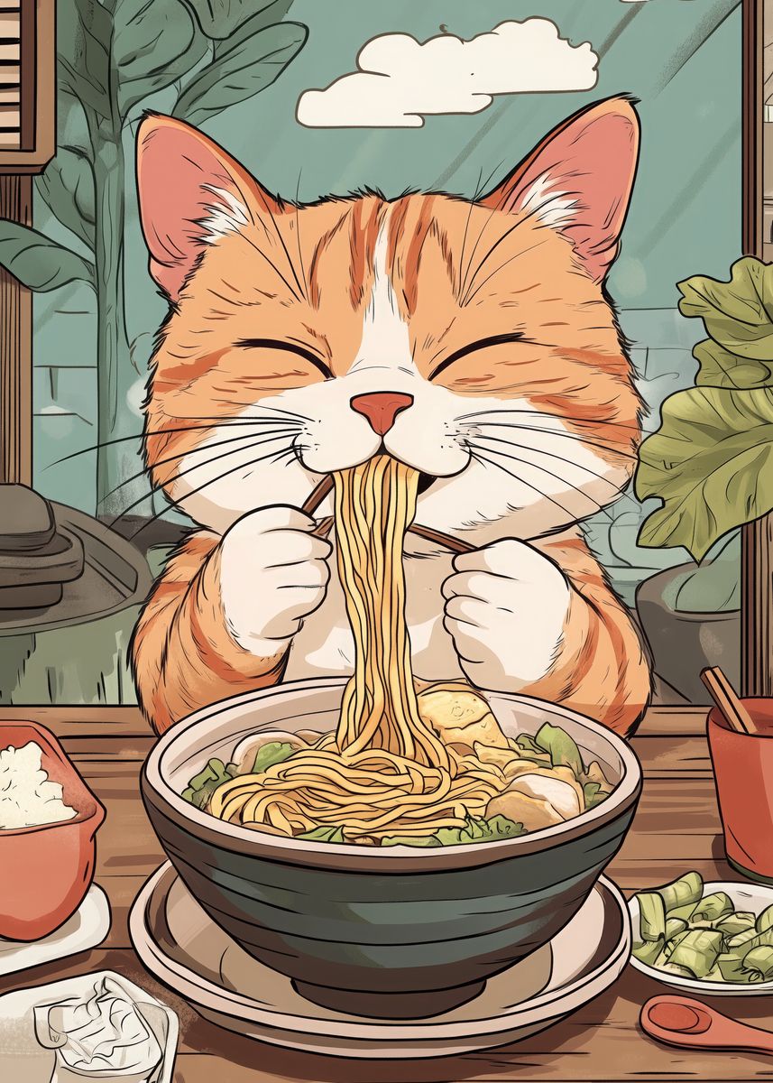 'Cat Eating Ramen' Poster, picture, metal print, paint by ArtisticWall ...