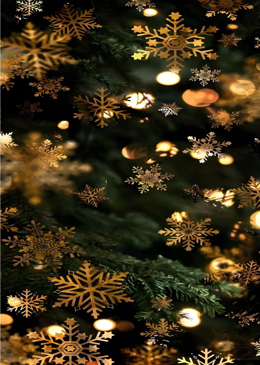 'Golden Snowflakes on Green' Poster, picture, metal print, paint by Nur ...
