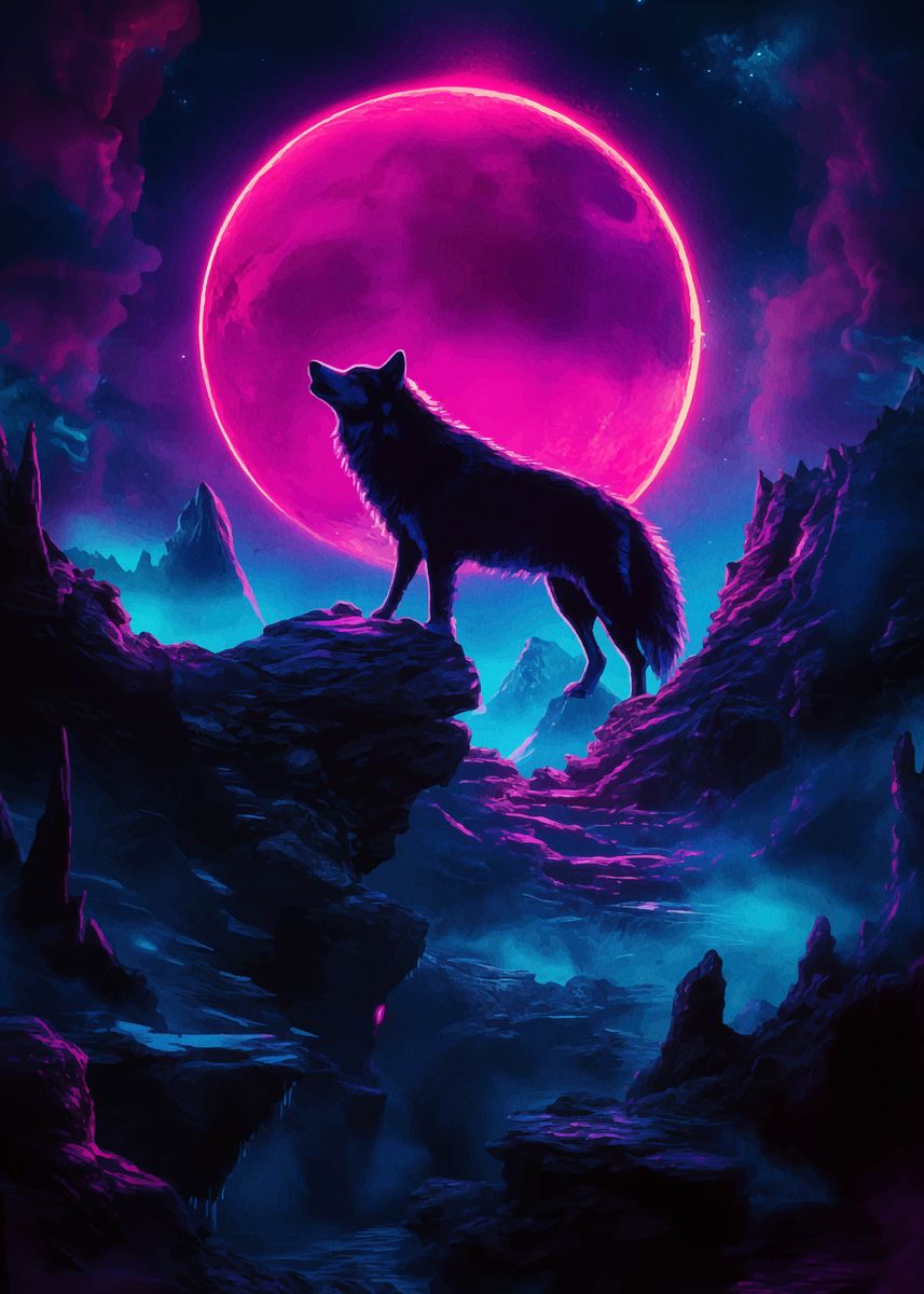'Wolf Howling at Pink Moon' Poster, picture, metal print, paint by ...