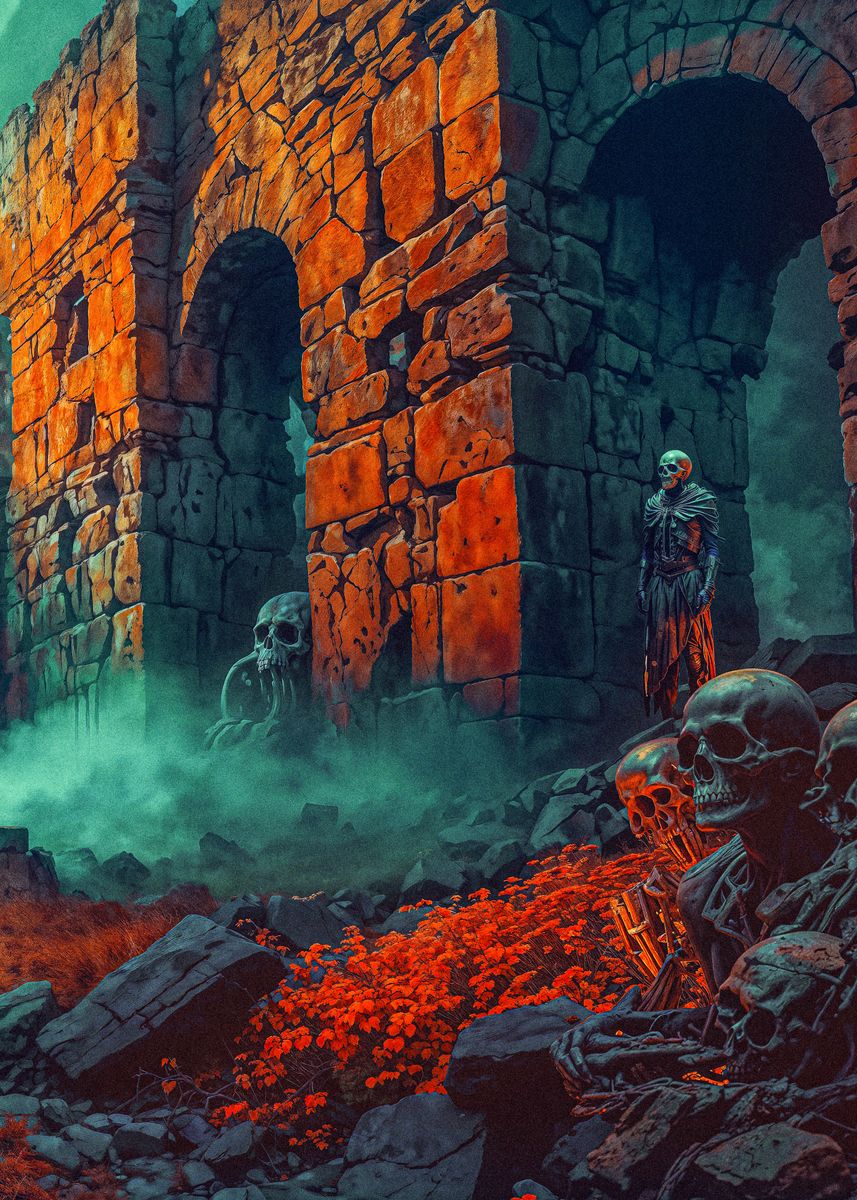 'Temple in ruins guarded by skeletons' Poster, picture, metal print ...