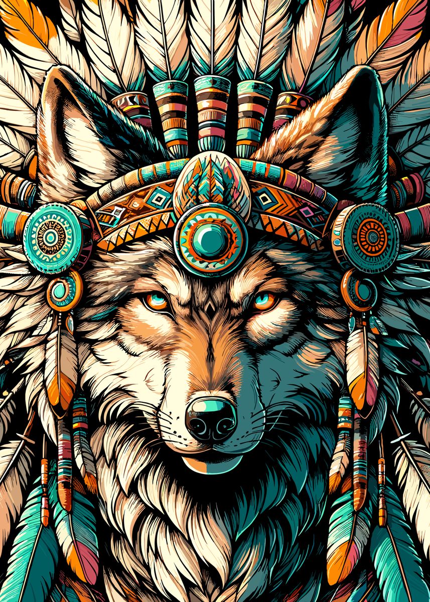 'Native American Wolf in Headdress' Poster, picture, metal print, paint ...
